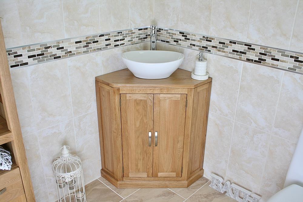 Bathroom Vanity Unit Oak Cabinet Corner Wash Stand & White Ceramic ...