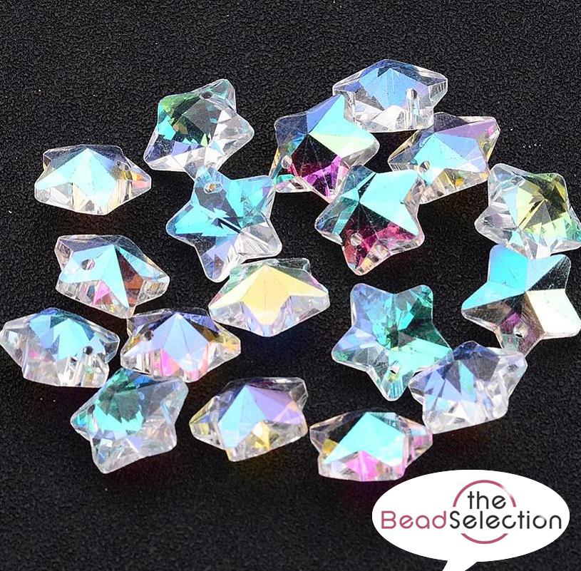 10 PENDANT STAR FACETED GLASS CRYSTAL BEADS 13mm XMAS RAINBOW AB LUSTRE ...