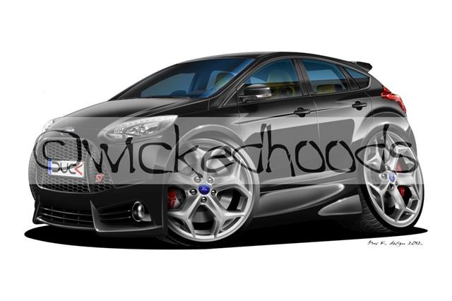 CARTOON CAR ART Ford Focus ST MK3 2012+ 5 Colours A3 & A4 size WITH Reg ...
